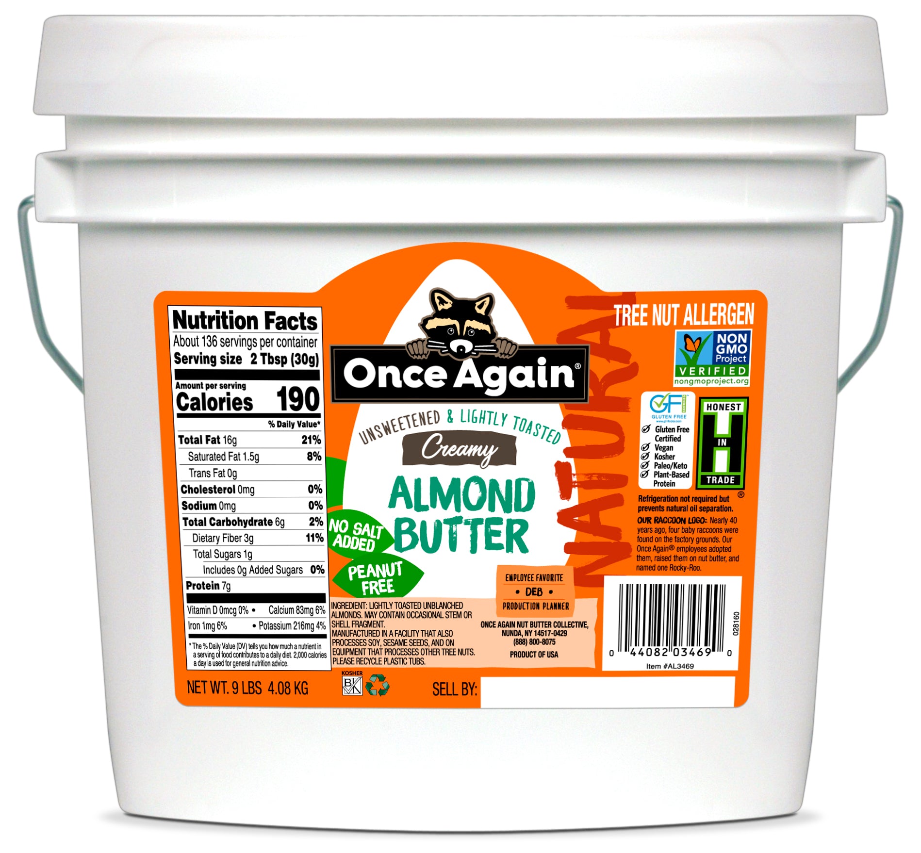 Natural Creamy Almond Butter, Toasted - Salt Free, Unsweetened - 9 lbs